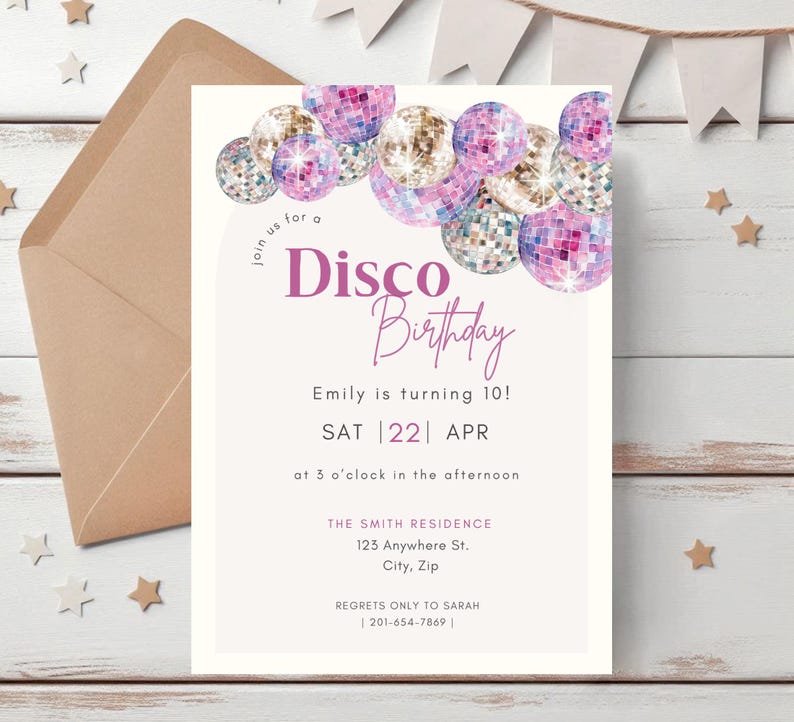 Disco Ball Birthday Invitation: Sparkly Hot Pink Glitter (digital ...