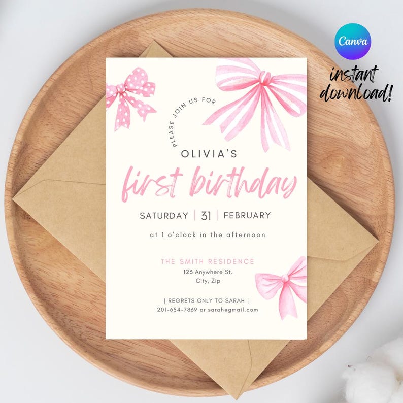 Pink Bow Birthday First 1st Invitation Coquette Love Shack One 1 Girl ...