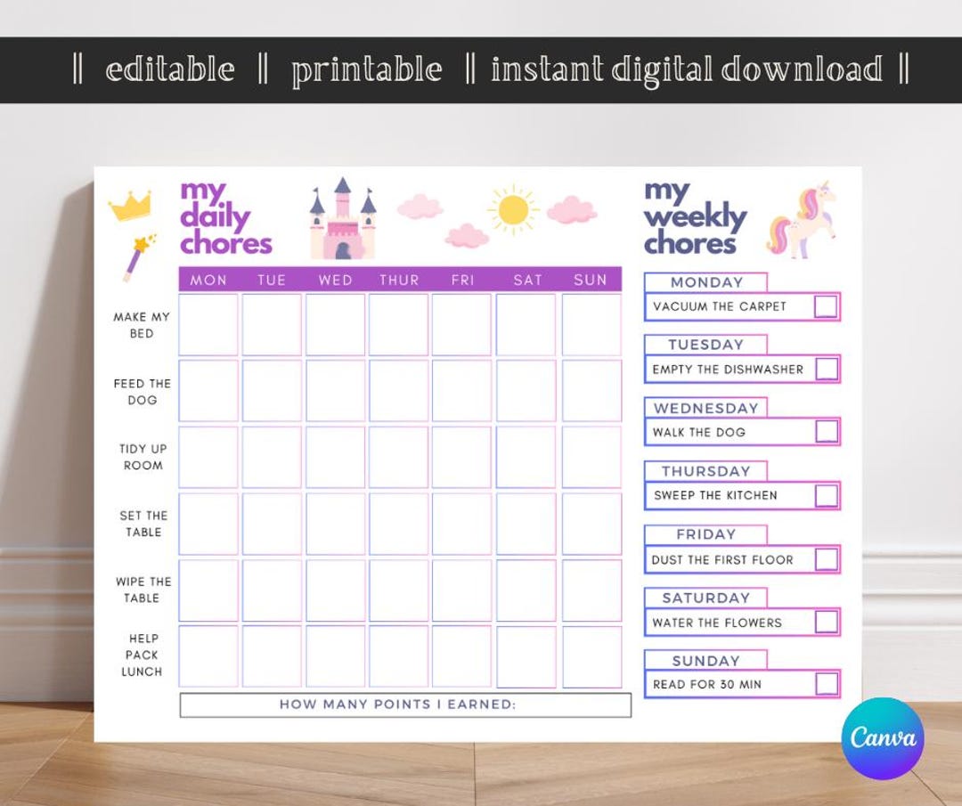 Kids Princess Chore Chart Template | Girl Weekly Daily Reward Checklist ...