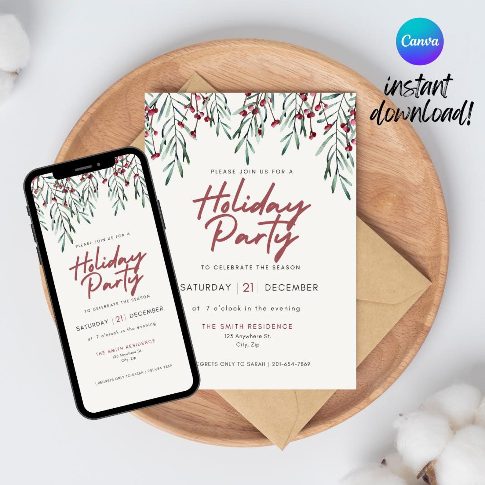 Greenery Holiday Party Invitation: Pine and Winter Berries Editable ...
