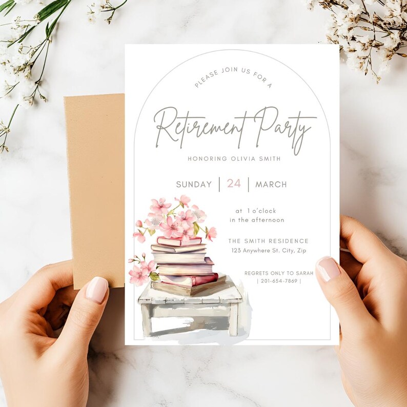 Retirement Party Invitation | Education Teacher Books Library | Flowers ...