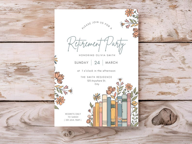 Teacher Retirement Party Invitation | Digital Template | Books, Flowers ...
