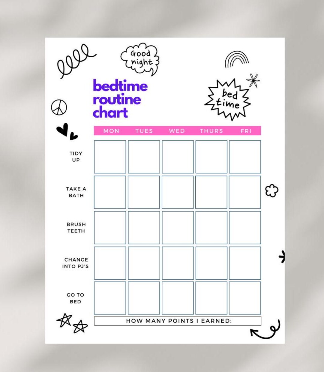 Kids Bedtime Routine Chart: Pink & Purple Doodle Design (editable ...
