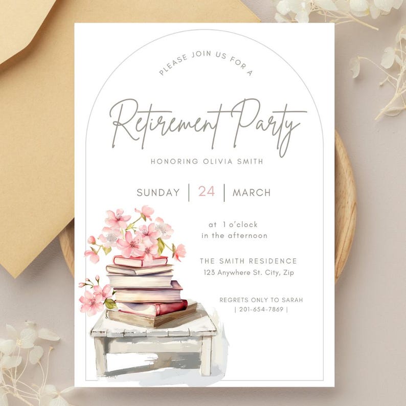 Retirement Party Celebration Invitation Education Teacher Books Flowers ...