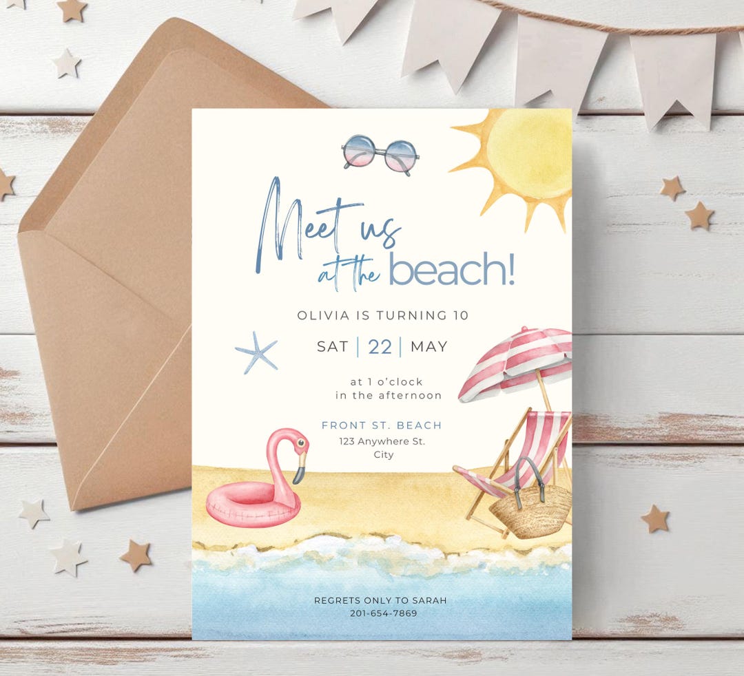 Beach Birthday Party Invitation for Girl | Editable Digital Template ...