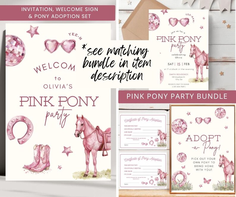 Pink Pony Party Sign & Certificate: Editable Adoption Favor (canva ...