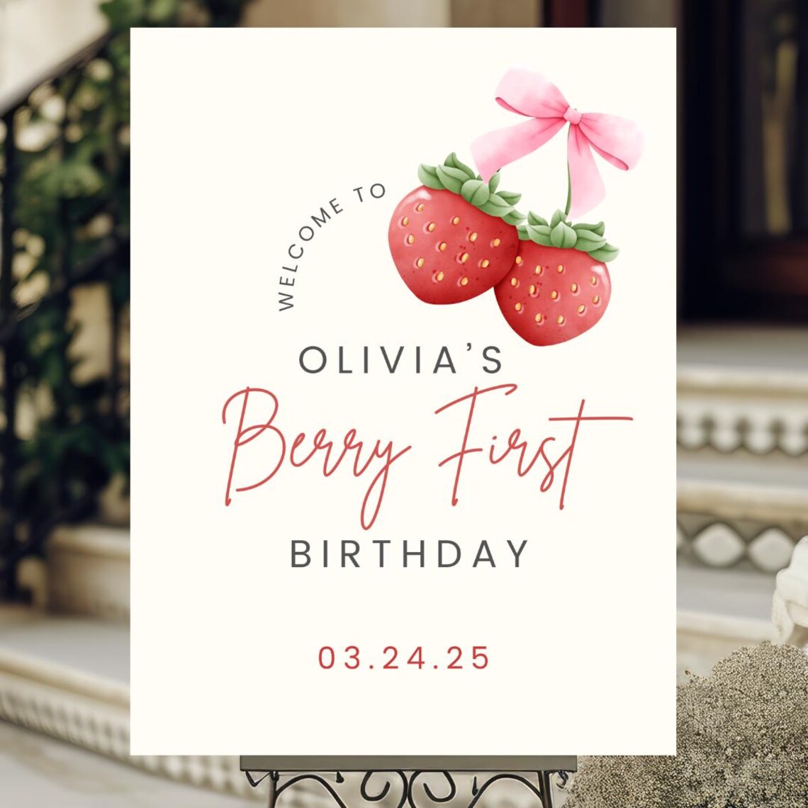 Berry First Birthday Welcome Sign | Digital Party Decor | Pink Bow ...