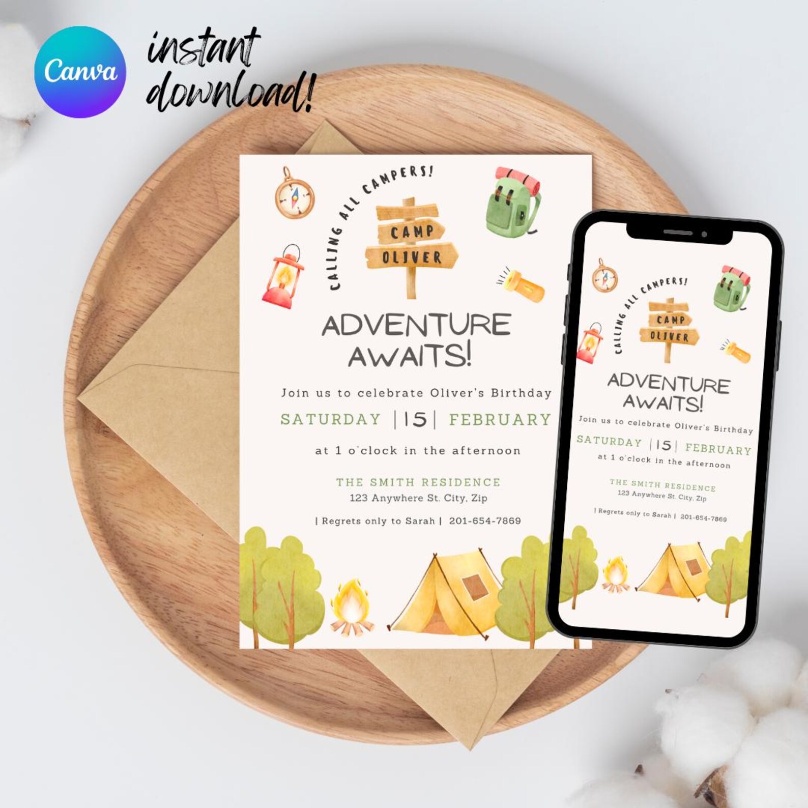 Camping Birthday Party Invite | Adventure Awaits | Digital Template ...