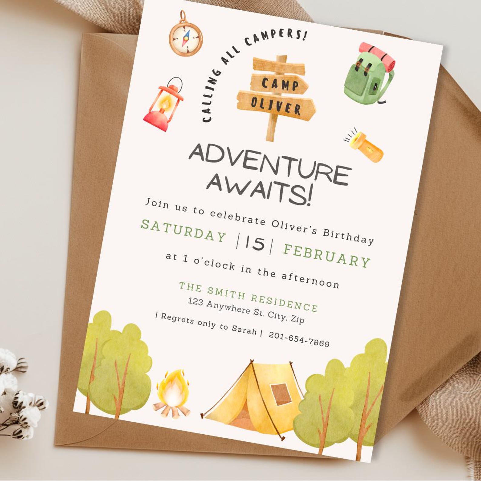 Camping Birthday Party Invite | Adventure Awaits | Digital Template ...