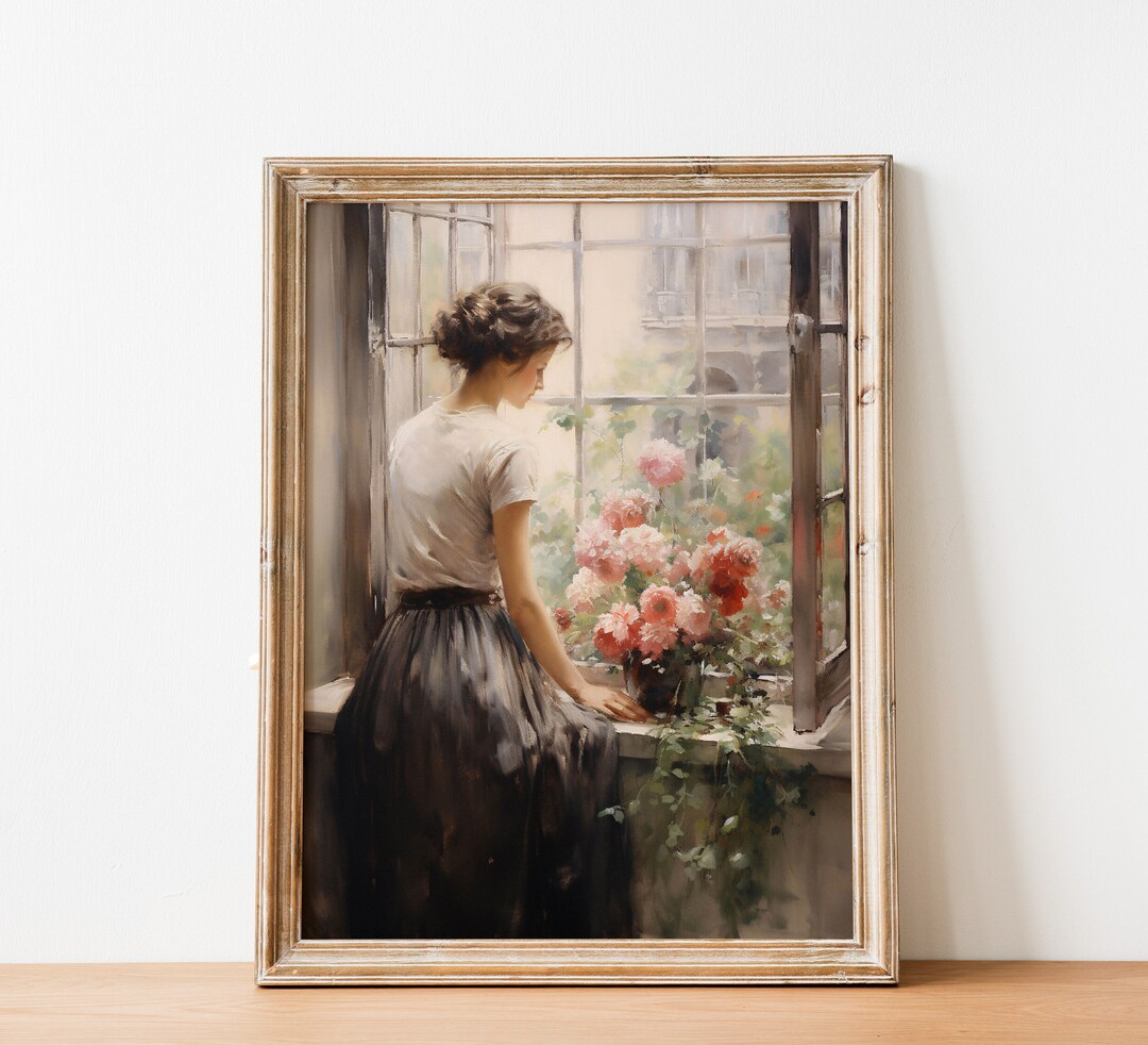 Victorian Woman Besiede Window Painting, Vintage Portrait Painting ...