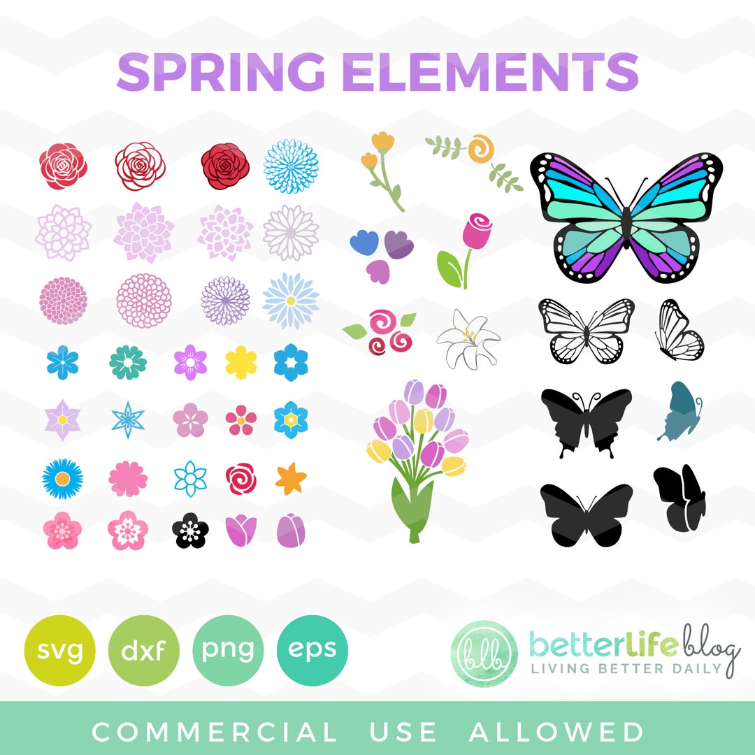 Flowers and Butterflies Svg Pack: Spring Elements SVG Files, DXF ...