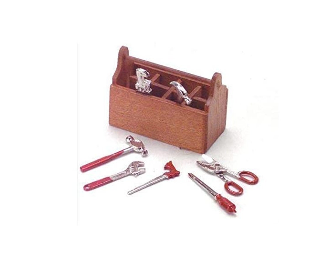 Dollhouse Wooden Tool Kit, Miniature Metal Tools in Wood Tote ...