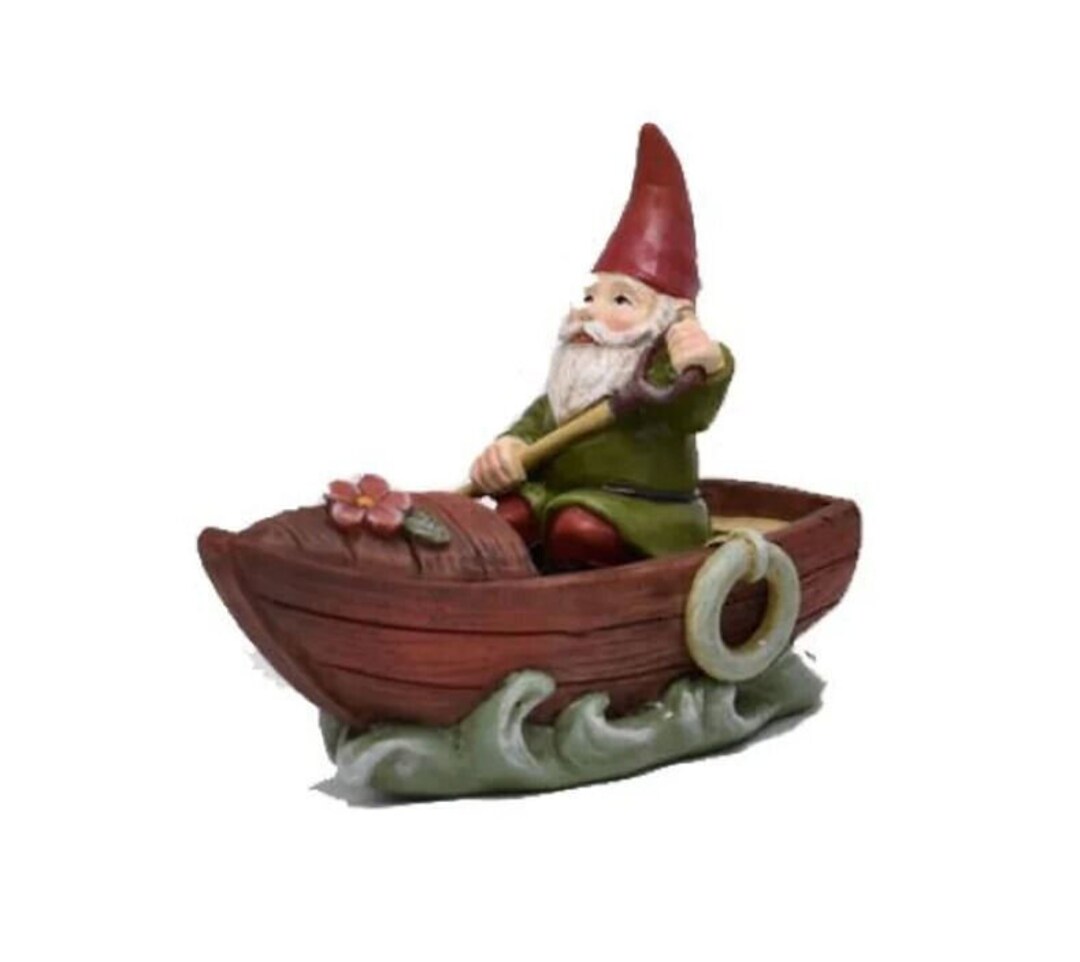 Miniature Gnome in a Boat, Gnome in a Rowboat, Fairy Garden Accessory ...