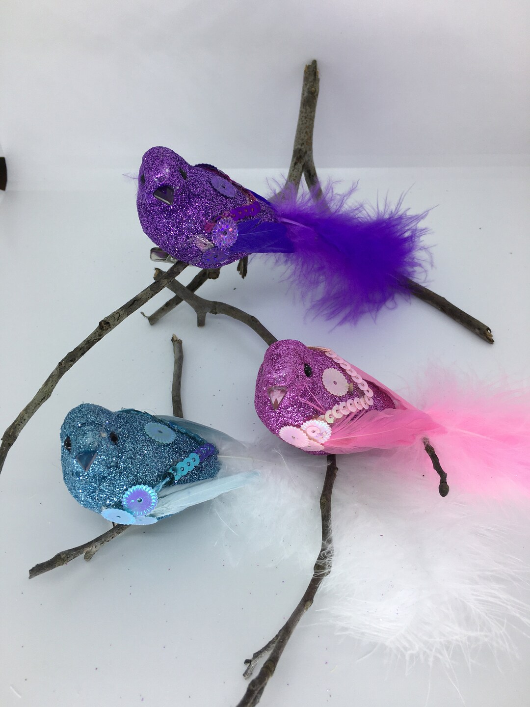 Set of 3 Glittery Bright Colored Birds - Etsy