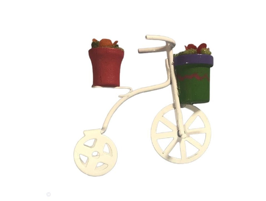 Miniature White Tricycle With Flowers, Dollhouse Bicycle Holding Flower ...