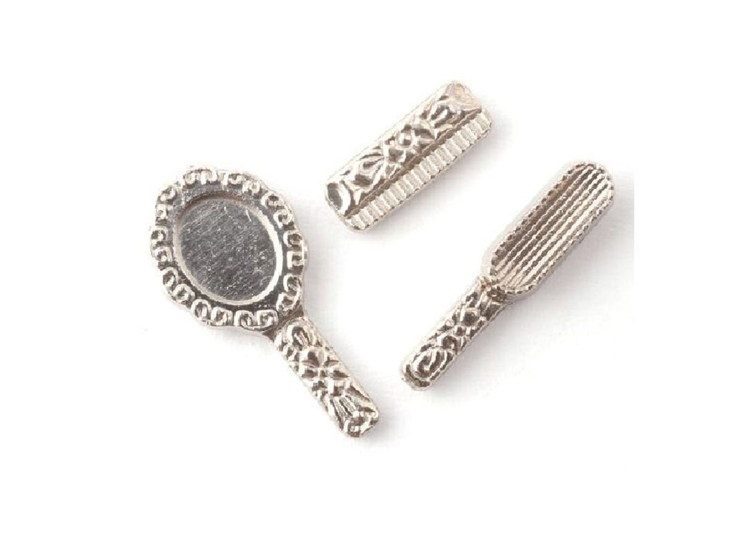 Miniature Brush, Comb and Mirror Set, Silver Tone Dollhouse Brush Set ...