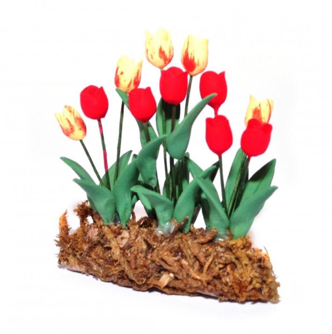 Artificial Tulips on a Mound of Moss, Red and Yellow Flower Bed ...