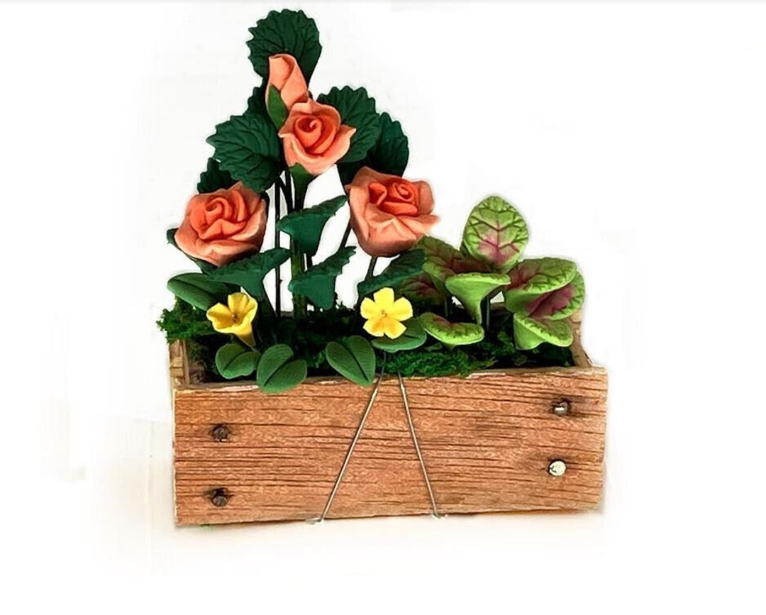 Miniature Window Box With Artificial Coral Roses, Wooden Dollhouse ...