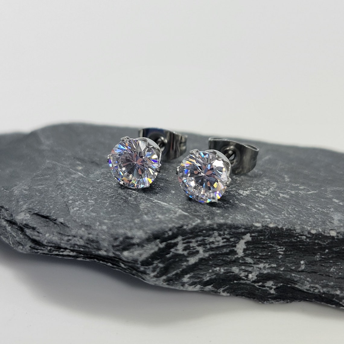 White Cubic Zirconia Stainless Steel Stud Earring, 6mm Round Cut, Gift ...