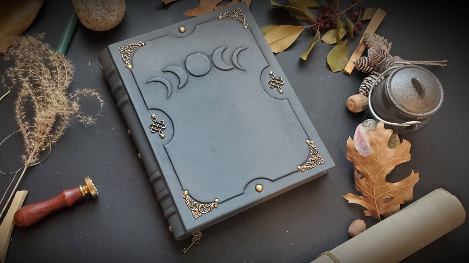 Mysterious Moon phases handmade leather blank notebook. Book | Etsy