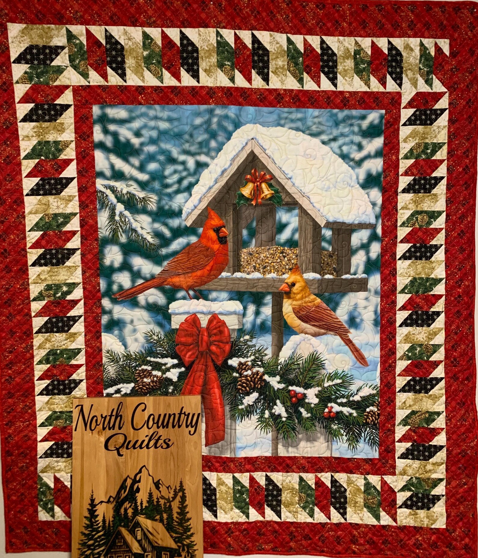 Hand Crafted, Cardinal Breakfast Quilt, Red and Gold, Panel Quilt ...
