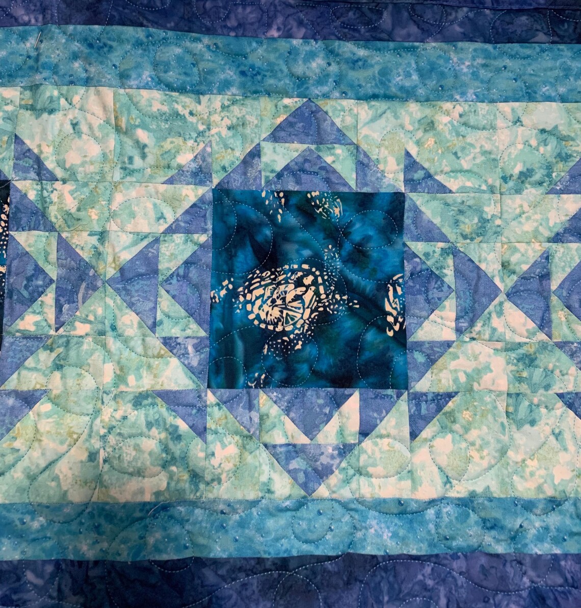 Hand Crafted, Turtle Quilt, Teals and Blue, Panel Quilt, Sea Turtle ...
