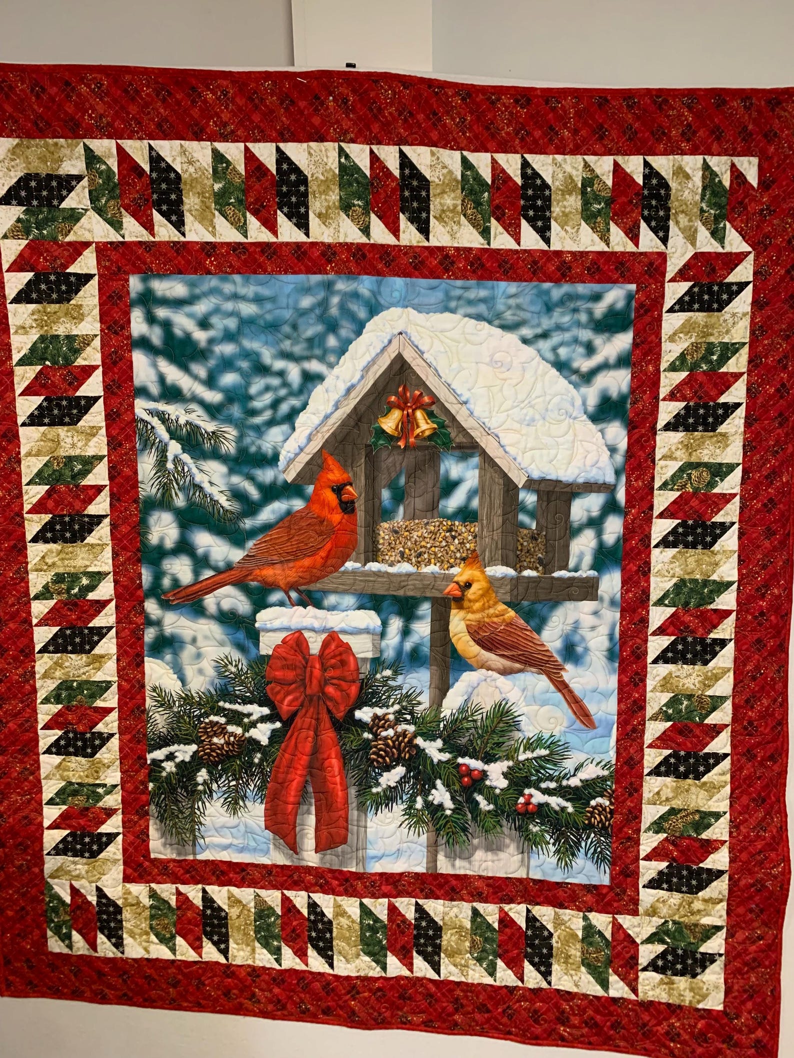 Hand Crafted, Cardinal Breakfast Quilt, Red and Gold, Panel Quilt ...