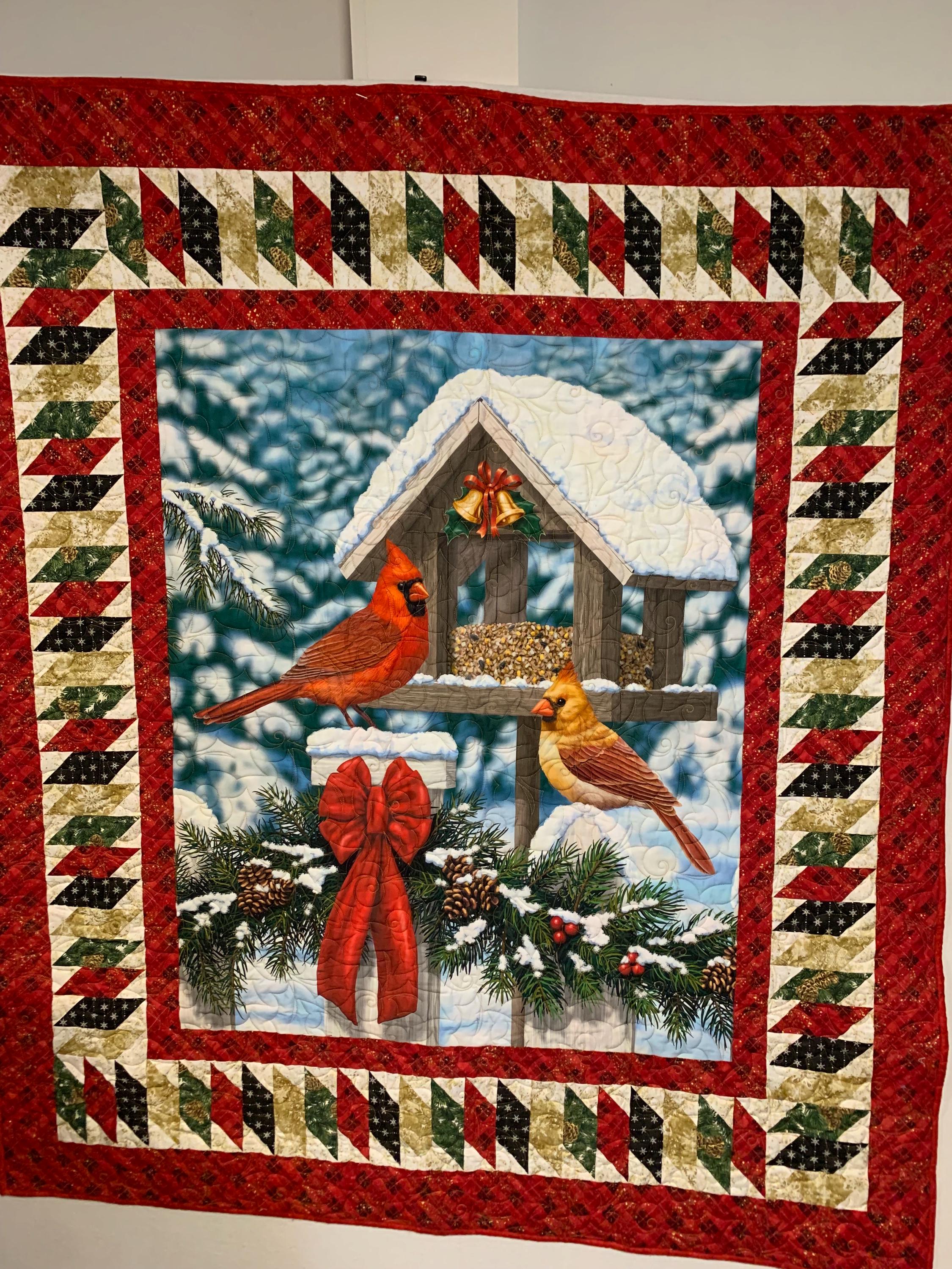 Hand Crafted, Cardinal Breakfast Quilt, Red and Gold, Panel Quilt ...