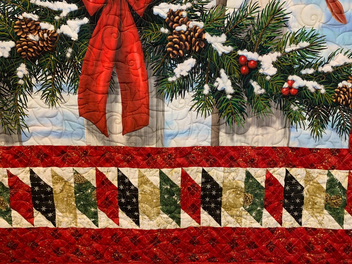 Hand Crafted, Cardinal Breakfast Quilt, Red and Gold, Panel Quilt ...