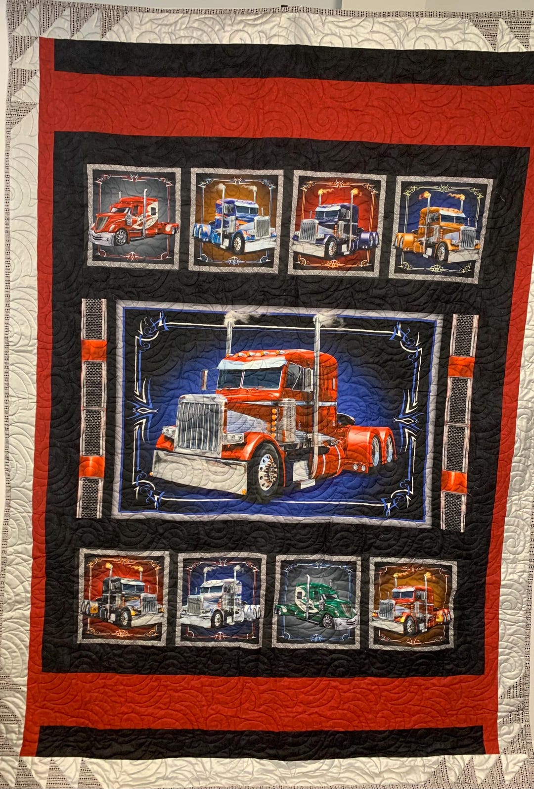 Hand Crafted, Big Rig Truck Quilt, Red Black and Silver, Panel Quilt ...
