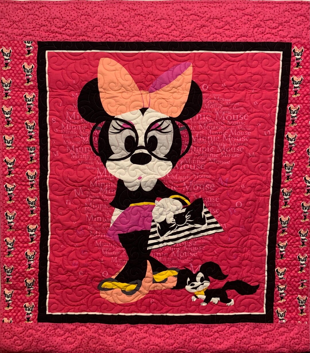 Hand Crafted, Minnie Mouse Quilt, Pink and Black, Panel Quilt, Minnie ...