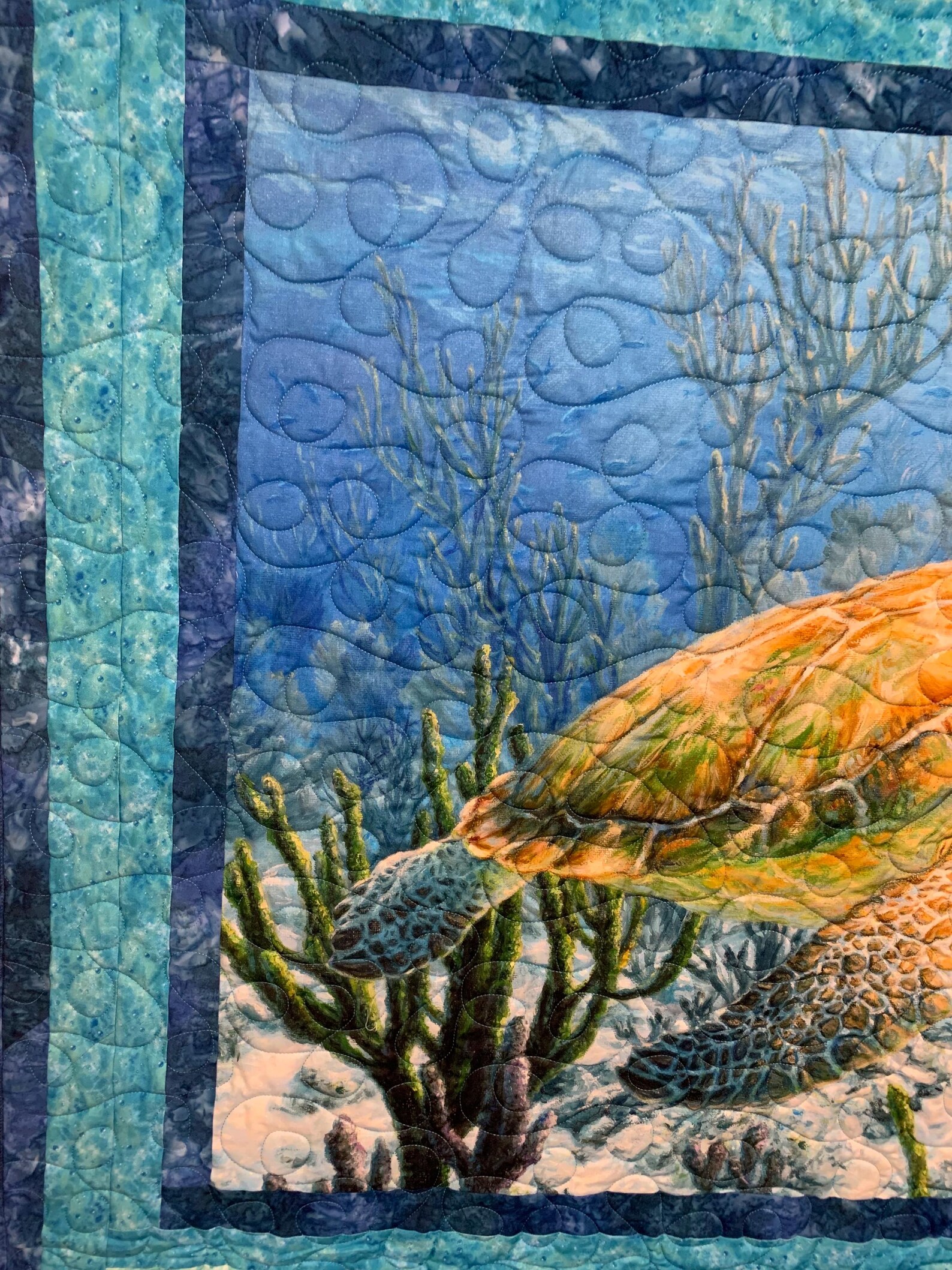 Hand Crafted, Turtle Quilt, Teals and Blue, Panel Quilt, Sea Turtle ...