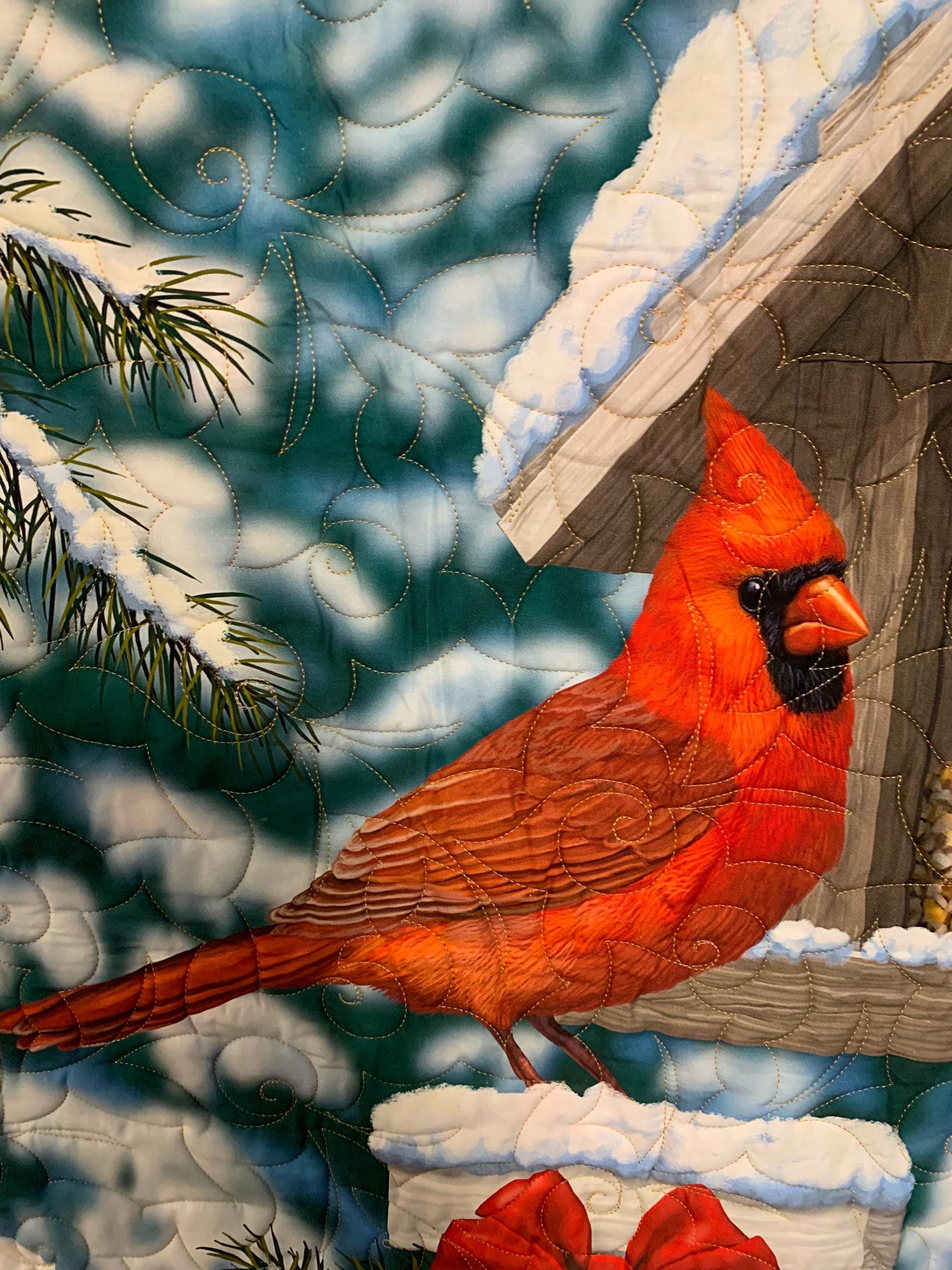 Hand Crafted, Cardinal Breakfast Quilt, Red and Gold, Panel Quilt ...