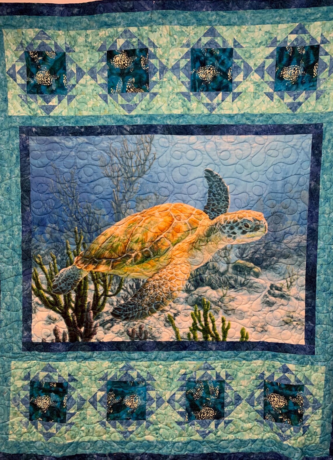 Hand Crafted, Turtle Quilt, Teals and Blue, Panel Quilt, Sea Turtle ...