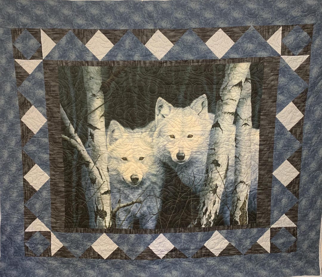 Hand Crafted, Wolves Quilt, Blue and Grey, Panel Quilt, Wolves, 72 X 60 ...