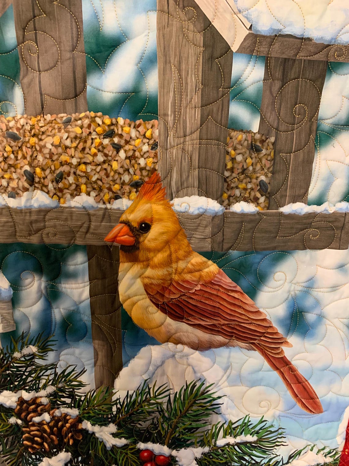 Hand Crafted, Cardinal Breakfast Quilt, Red and Gold, Panel Quilt ...