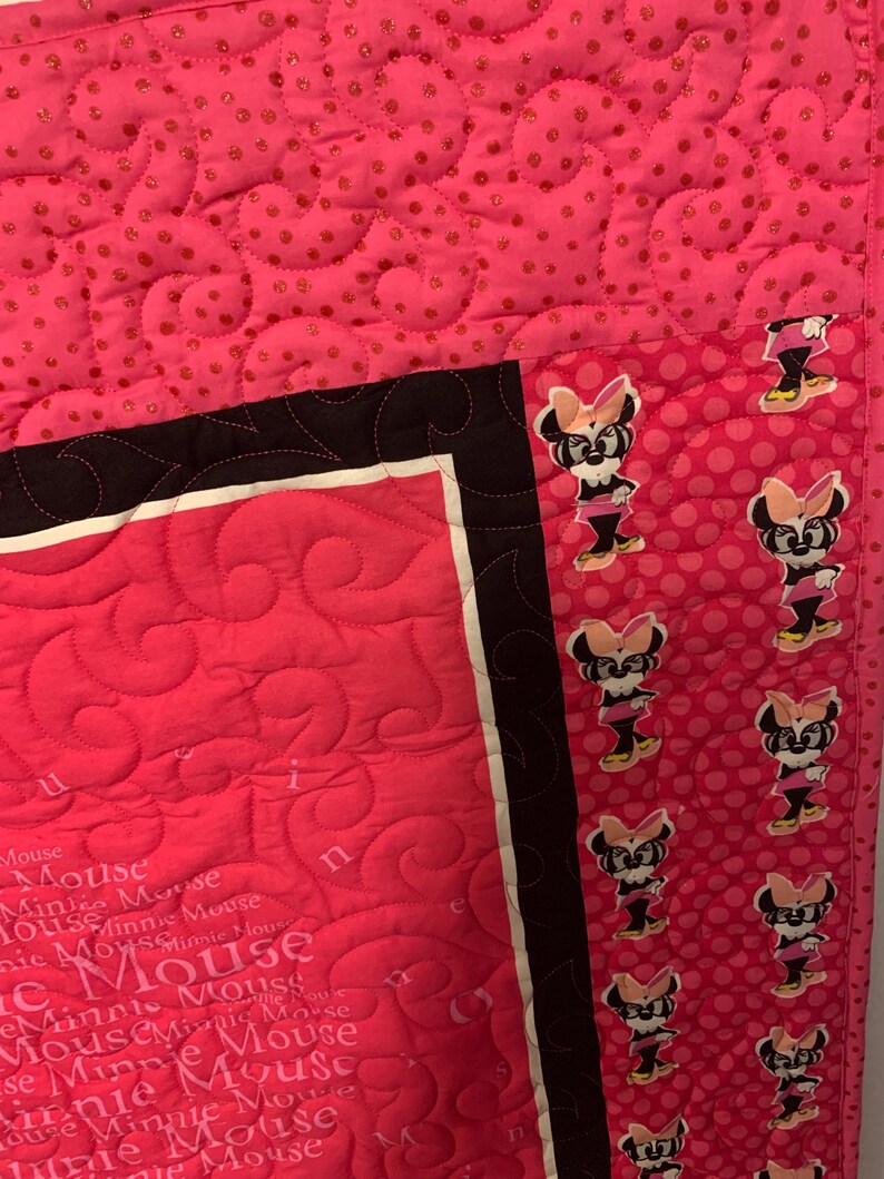 Hand Crafted, Minnie Mouse Quilt, Pink and Black, Panel Quilt, Minnie ...