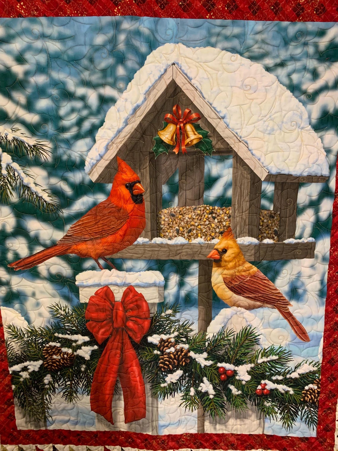 Hand Crafted, Cardinal Breakfast Quilt, Red and Gold, Panel Quilt ...