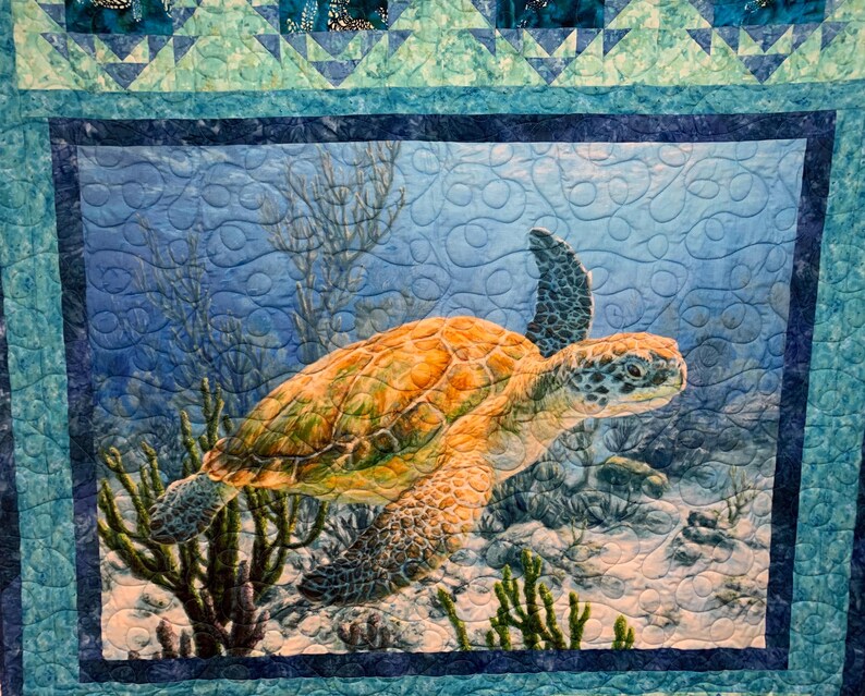 Hand Crafted, Turtle Quilt, Teals and Blue, Panel Quilt, Sea Turtle ...