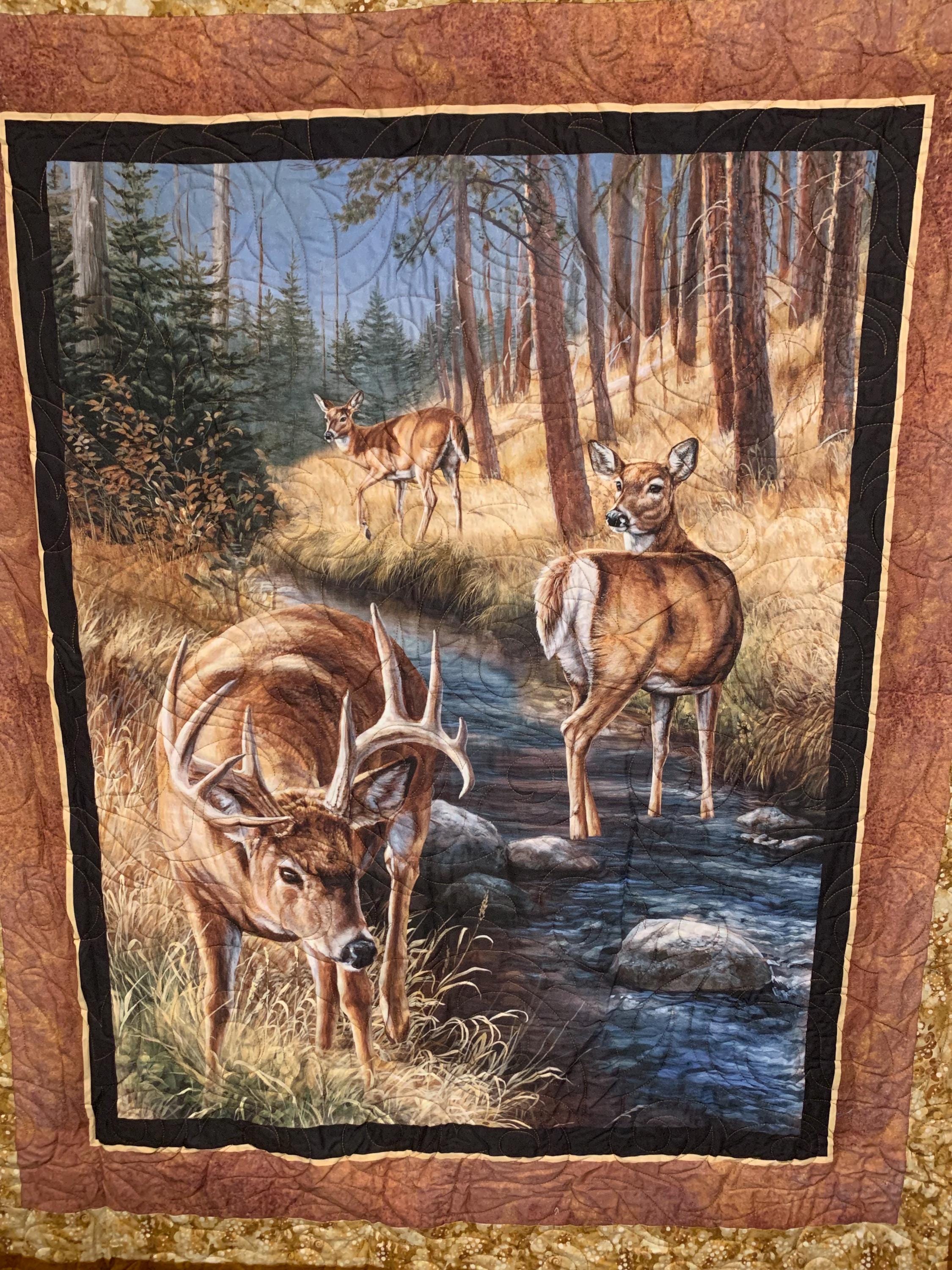 Hand Crafted, Deer Quilt, Brown and Cream, Panel Quilt, Deers, Forest ...