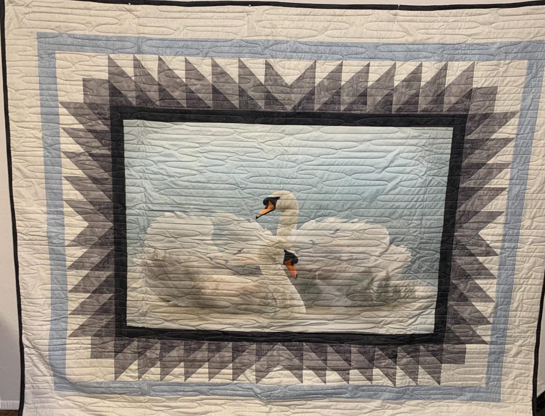 Hand Crafted, Swans Quilt, Blue and Grey, Panel Quilt, Swans, 67 X 56 ...