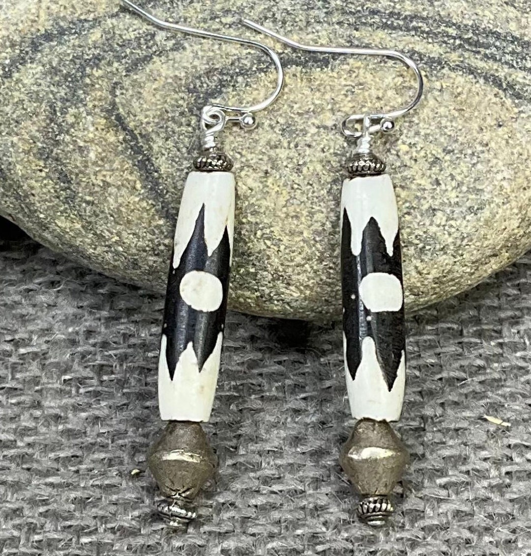 Kenya Batik Bone Drop Earrings: Ethiopian Silver, Handmade Jewelry - Etsy