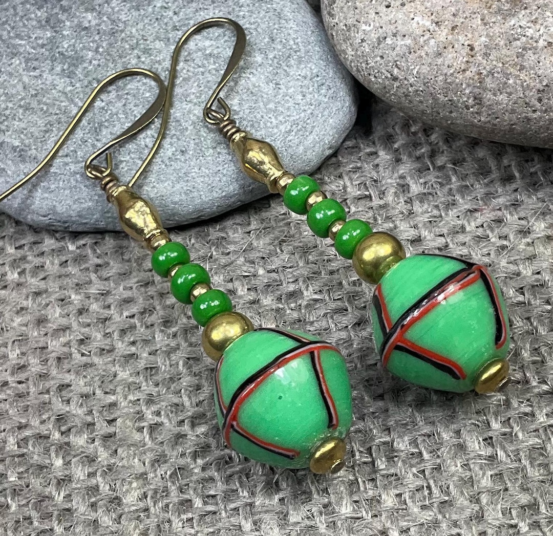 Green Krobo King Bead Earrings, African Trade Bead Dangle, Afrocentric ...
