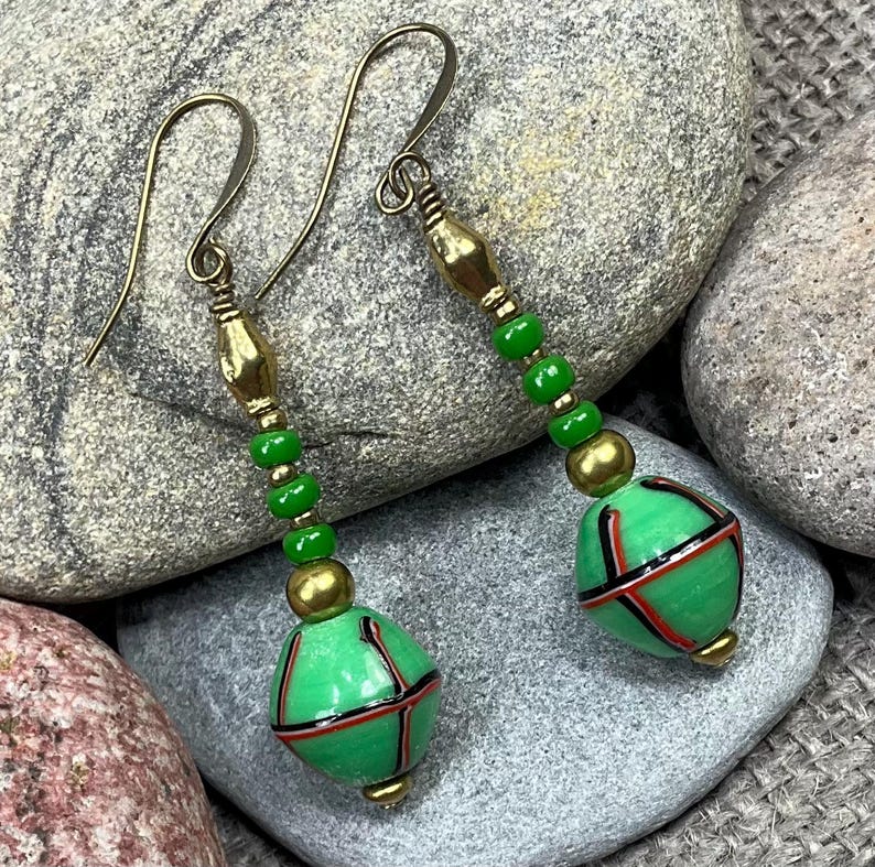 Green Krobo King Bead Earrings, African Trade Bead Dangle, Afrocentric ...
