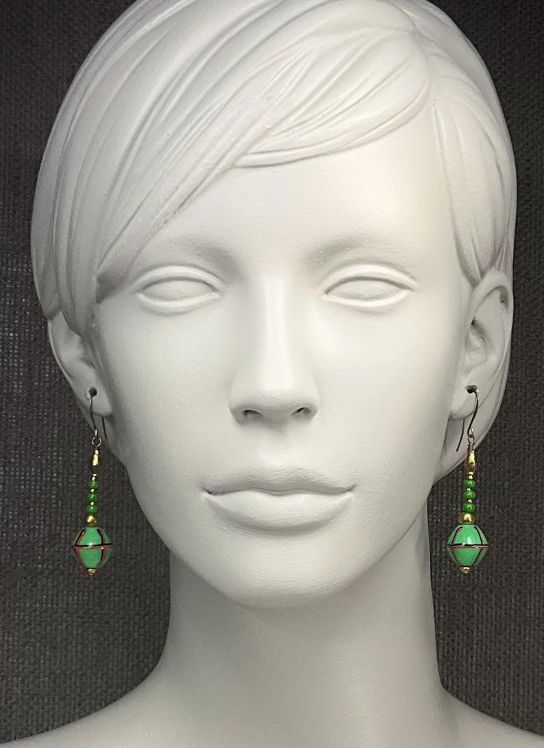 Green Krobo King Bead Earrings, African Trade Bead Dangle, Afrocentric ...