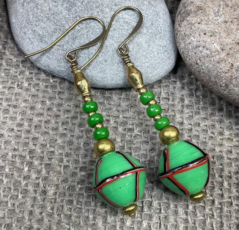Green Krobo King Bead Earrings, African Trade Bead Dangle, Afrocentric ...