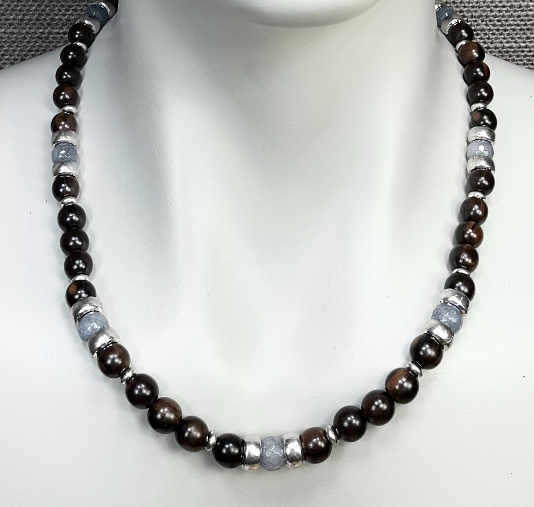 Handmade Philippine Ebony Necklace: Silver & Gray Agate Beads, Unisex ...