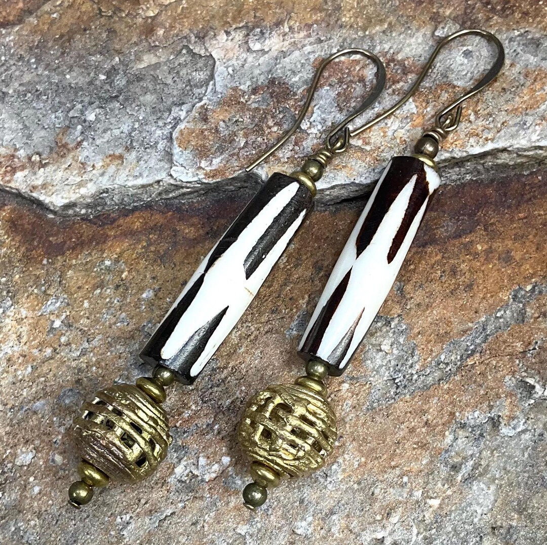 Kenya Batik Bone Earrings: African Brass Dangle Jewelry - Etsy