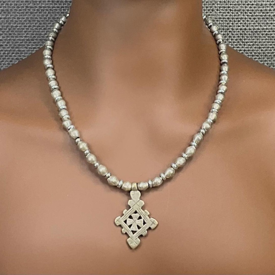 Handmade Ethiopian Coptic Cross Necklace: Recycled Silver Beaded ...