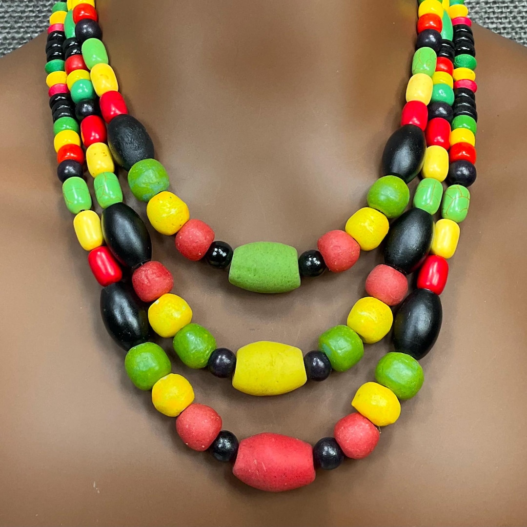 Rasta Bead Necklace: Jamaican Reggae Jewelry, Krobo Beads - Etsy